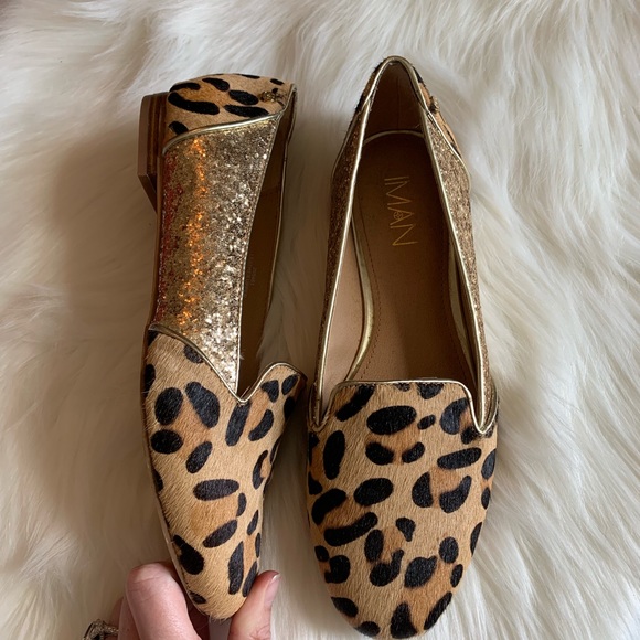 IMAN | Shoes | Iman Leopard Calf Hair And Gold Glitter Loafer | Poshmark